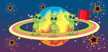 Three aliens on new planet illustration - Stock Image - Everypixel