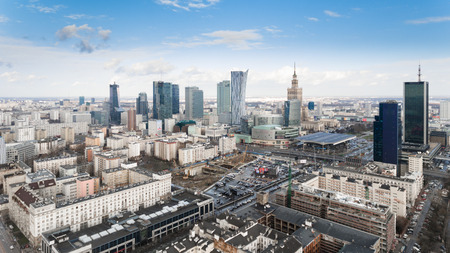 Aerial drone view from above of Warsaw city center skyline. Capital of ...
