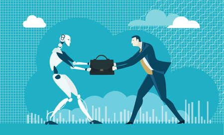 Human vs Robots concept. Business man and robot fighting for the deal ...