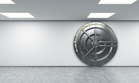 3D rendering of a big locked round metal safe in a bank depository with ...