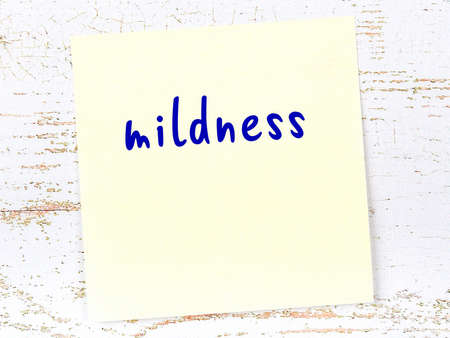 Yellow sticky note on wooden wall with handwritten inscription mildness ...