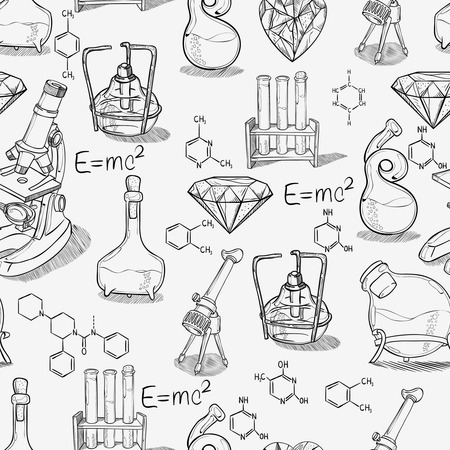 Hand drawn science vintage chemistry lab sketch seamless pattern. Back ...