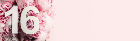 Creative layout. Peony flowers, digit sixteen. Birthday greeting card ...