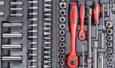 Set of hand tools. Many wrench and tools close-up in box for to repair ...