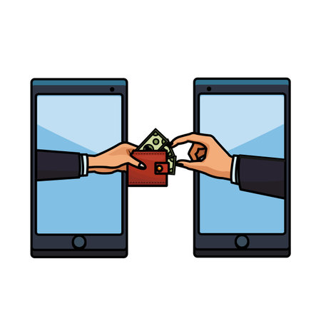 cellphone electronic transfer with hand transferring wallet with money ...