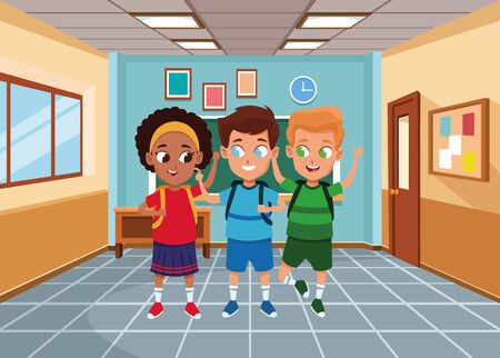 childhood cute school students happy friends wearing backpack cartoon ...