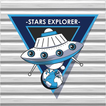 Space explorer patch emblem UFO and planet design on gray striped ...