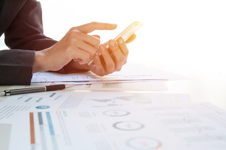 Business people using mobile phone technology. Typing smartphone screen ...