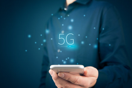5G internet connection smart phone concept. Person hold smartphone with ...