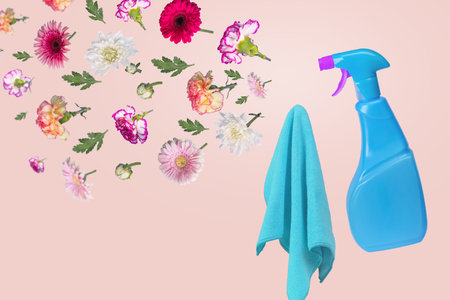 Creative minimal idea made from a bottle with a spray, cleaning wiping ...