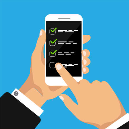 To do list concept. Hand holds smartphone and finger touch display ...