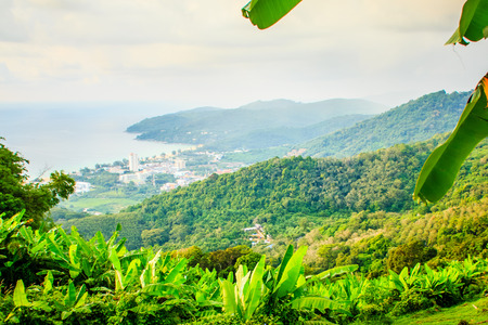 Beautiful panoramic mountain view from the hill Big Buddha in Phuket ...