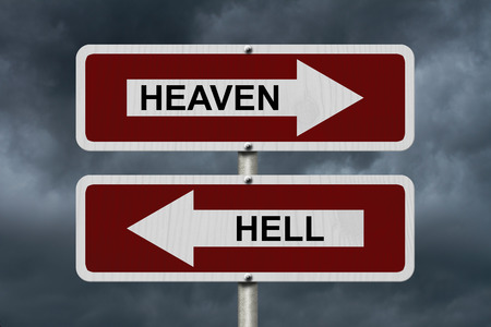 Heaven versus Hell, Red and white street signs with words Heaven and ...