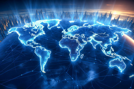 World Map Displayed in a Digital Cyberspace Environment with Blue ...