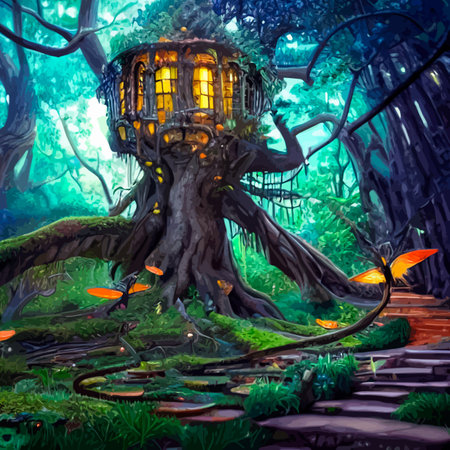 Fairy-tale house in a tree with a roof intertwined. Square flat cartoon ...