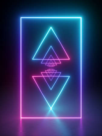 3d render, abstract minimal geometric background. Glowing neon light ...