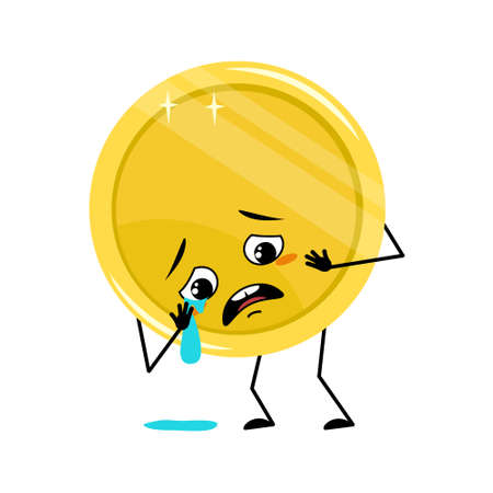 Cute golden coin character with crying and tears emotion, sad face ...