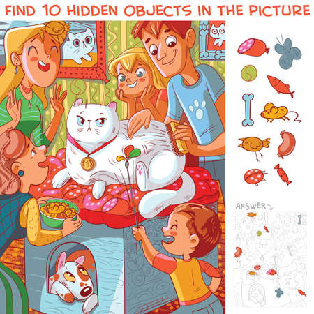 The family takes care of the cat. Find 10 hidden objects in the picture ...