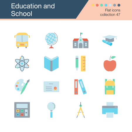 Education and School icons. Flat design collection 47. For presentation ...