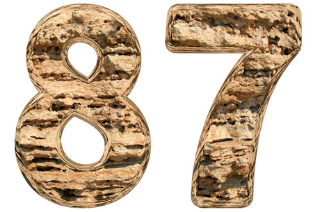 Numeral 87, eighty seven, isolated on white, natural limestone, 3d ...