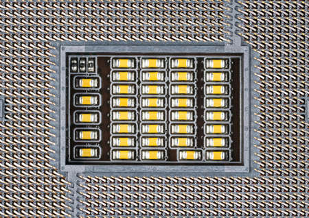 Computer mainboard socket detail with electronic components and many ...