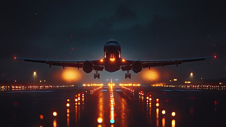 A front-view shot of an airplane lifting off the ground at night, with ...