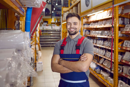 Confident friendly man working in warehouse in hypermarket of building ...