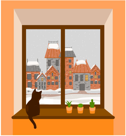 유토이미지 | The cat sits on the window and looks at the city. Its snowing ...