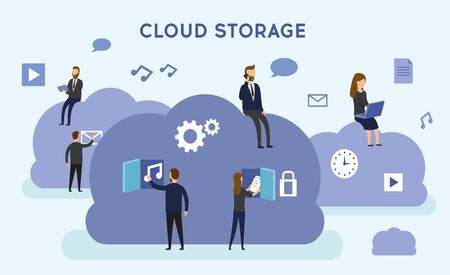 Cloud storage concept. People using mobile gadgets such as tablet, pc ...