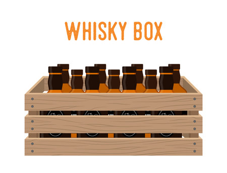 Vector cartoon box with whiskey bottles. Grocery basket with alcohol ...