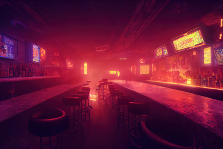 Bar Stools in cyberpunk BAR in cyberpunk city. Neons, cybercity ...