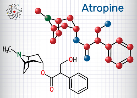 Atropine drug molecule. It is plant alkaloid. Sheet of paper in a cage ...