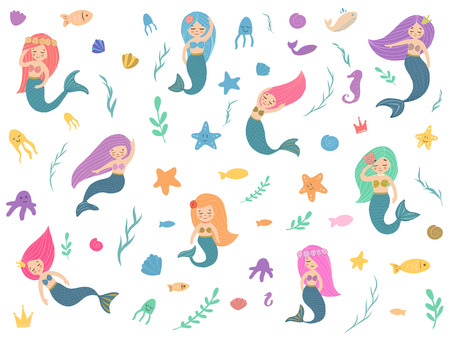 A set of beautiful mermaids. Fish, jellyfish, algae and other marine ...