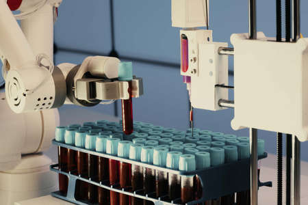 modern genetic laboratory PCR processor and robot with test tube in ...