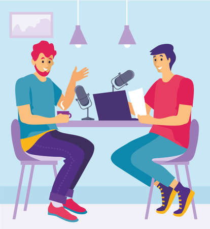 Podcast show. Two guy broadcasting, Podcast vector illustration in flat ...