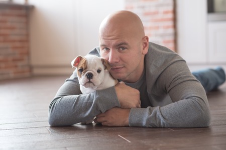 Handsome bold man together with puppy english bulldog - Stock Image ...