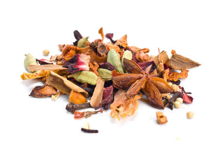 Tisane ingredients. Herbal tea with leaves, fruits and herb on a white ...