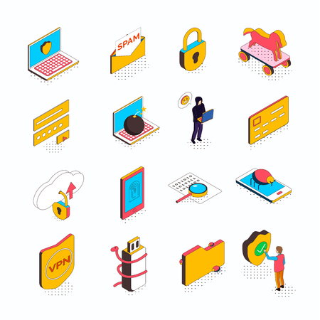 Isometric cyber security collection of sixteen isolated icons with ...
