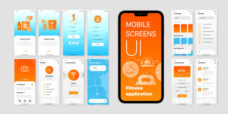 Mobile screens set with user interface of fitness application with ...