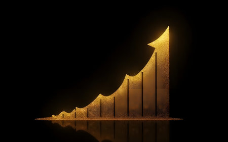 A radiant golden bar graph with a sharp upward trend and prominent ...