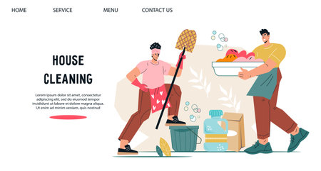 Website with family couple busy with household chores. Married couple ...