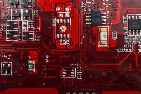 Graphic card. Part of red graphic card as background. Technology and ...