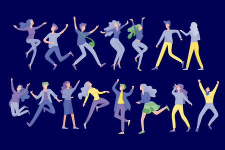 Jumping character in various poses. Group of young joyful laughing ...