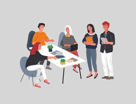 Office or coworking workers sitting at desks and communicating ...