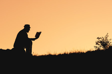silhouette of man sitting on rock and reading book. reading books in ...