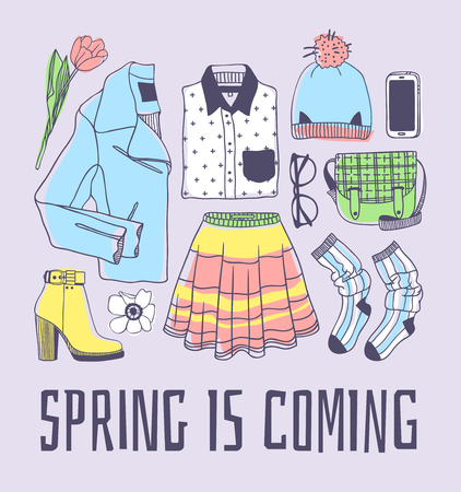 Hand drawn Spring Fashion illustration wear and quote SPRING IS COMING ...