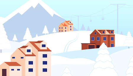 Winter holidays resort. Snow forest cottage, christmas scene with ski ...