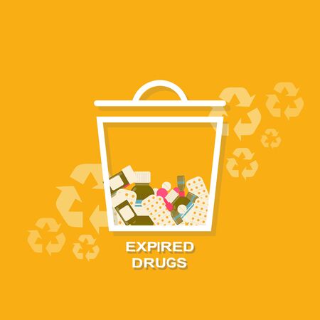 Waste minimisation concept. Expired drugs inside of trash container on ...