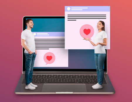Find Your Soulmate. Creative collage of couple standing on laptop and ...