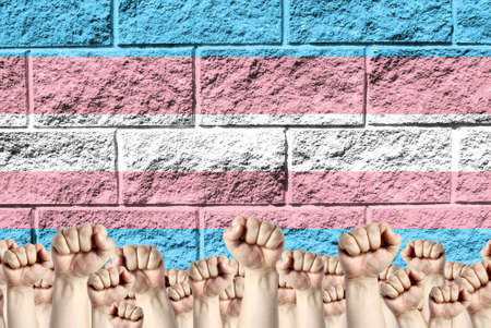 Raised fists against the background of the depicted flag of Transgender ...
